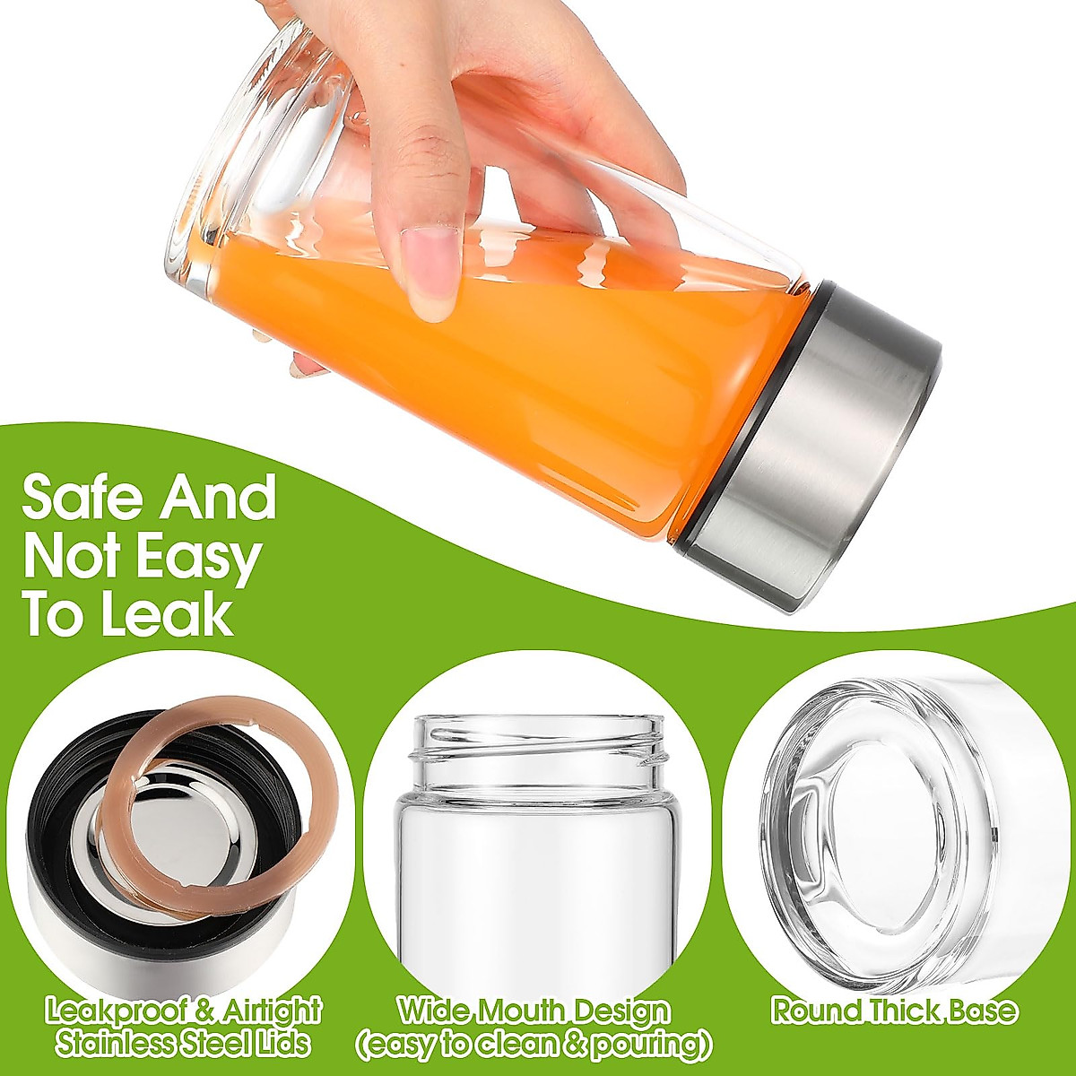 8 Pcs Wide Mouth Glass Water Bottles Reusable Glass Bottles with Lids Leakproof Juice Jars with Lids for Fridge Milk Juicing Smoothies Infused Water Beverage Kombucha Tea Drinking (Silver,10 oz)