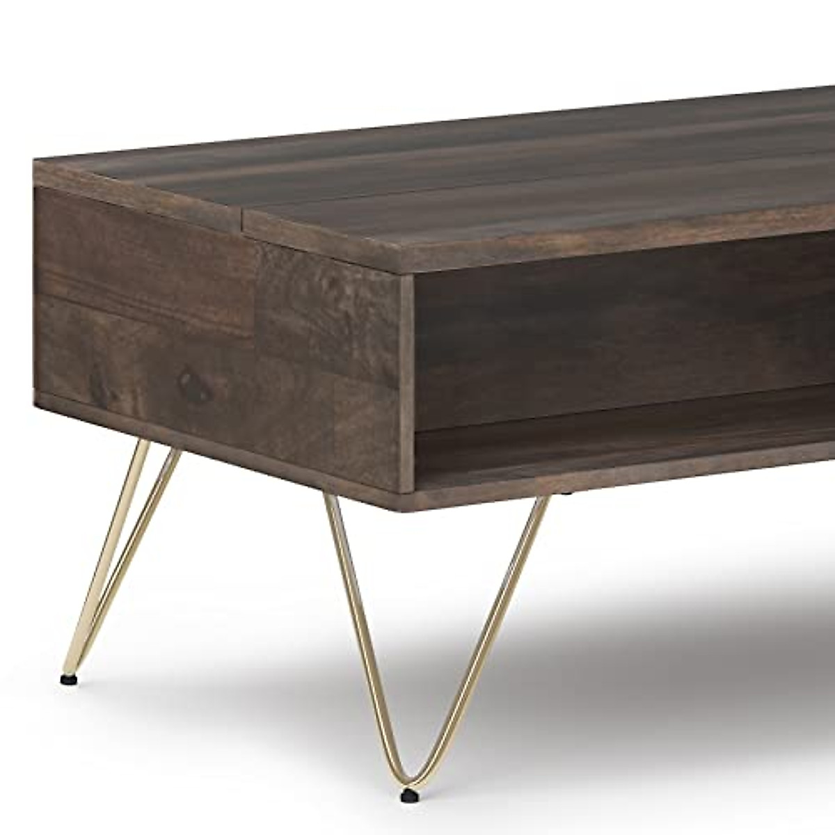 SIMPLIHOME Hunter SOLID MANGO WOOD and Metal 48 Inch Wide Rectangle Industrial Lift Top Coffee Table in Ebony, For the Living Room and Family Room