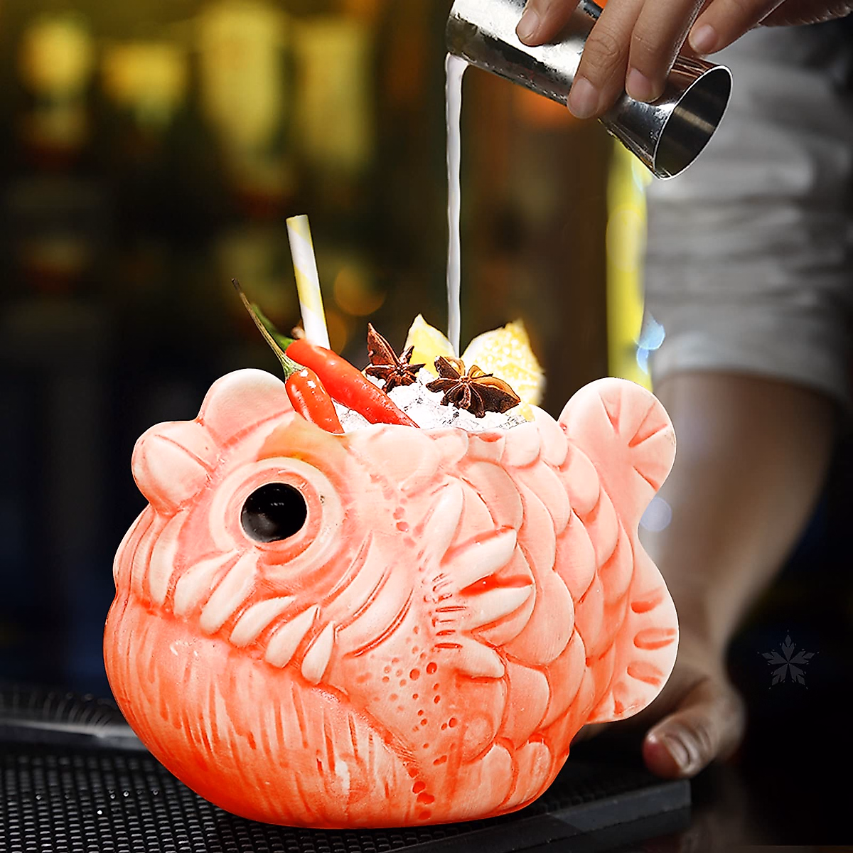 INFTYLE Tiki Mugs Fish Cocktail Tiki Cups 22oz/650ml Set of 2 Creative Red Tiki Glasses Tiki Bar Glasses Large Ceramic Hawaiian Themed Tropical Tiki barware for Party Barware