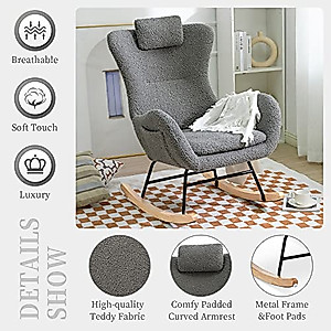 NIOIIKIT Nursery Rocking Chair, Comfy Accent Chair Padded Seat with High Backrest Armchair, Teddy Upholstered Glider Rocker Rocking for Nursery, Living Room, Bedroom (Grey)