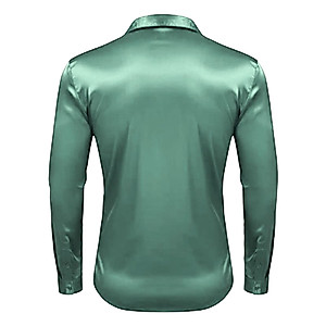 Maiyifu-GJ Mens Metallic Disco Shiny Dress Shirt Long Sleeve Button Down Nightclub Party Shirts Luxury Satin Slim Prom Shirt (Green,Large)