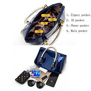 XingChen Shiny Patent Women Faux Leather Handbags Crossbody Bag Top Handle Purse Satchel Bag Shoulder Bag(Black)