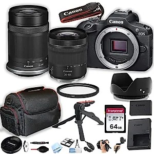 Canon EOS R100 Mirrorless Camera with 24-105mm Lens + 55-210mm Lens + 64GB Memory Card, Case, Hood, Grip-Pod, Filter Professional Photo Bundle (Renewed)