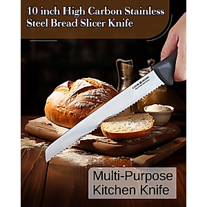 Cook N Home Bread Slicer Knife 10-Inch, Wavy Serrated High Carbon Stainless Steel Sharp Kitchen Knife, Ergonomic Handle, Black