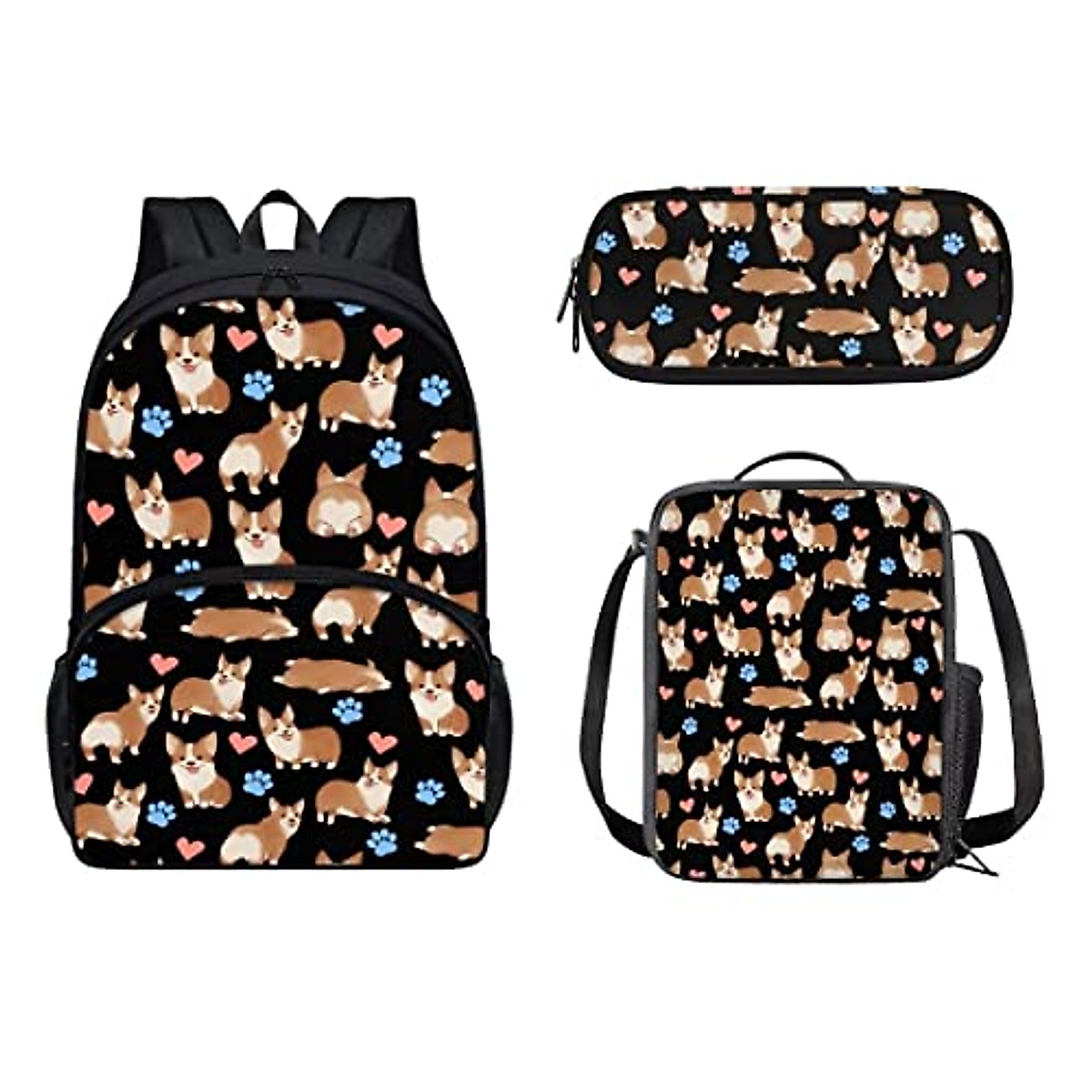 PZZ BEACH Cute Corgi Kids School Backpack Set Thermal Lunch Pouch Bag Pencil Case Durable Bookbag Stationery 3 Pieces
