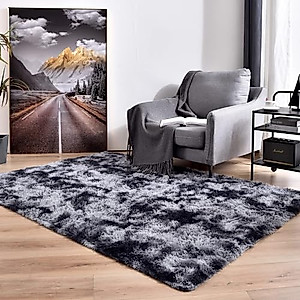 Temedara 5x7 Area Rugs for Bedroom,Shag Fuzzy Soft Carpet,Dark Gray Plush Shaggy Bedside Rug,Indoor Non-Slip Shag Living Room Rug for Kids Boys College Dorm Home Decor Tie-Dyed Dark Grey