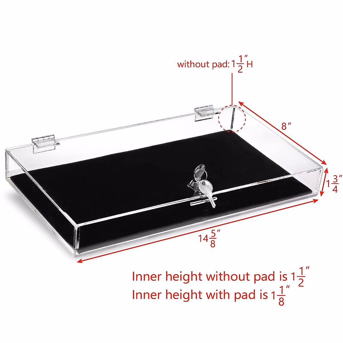 MOOCA Acrylic Rectangular Marketing Holder Locking Security Showcase Safe Box Display Tray, Perfect for Watches Jewelry, Knives, Eyewear with a Key and a Black Padding