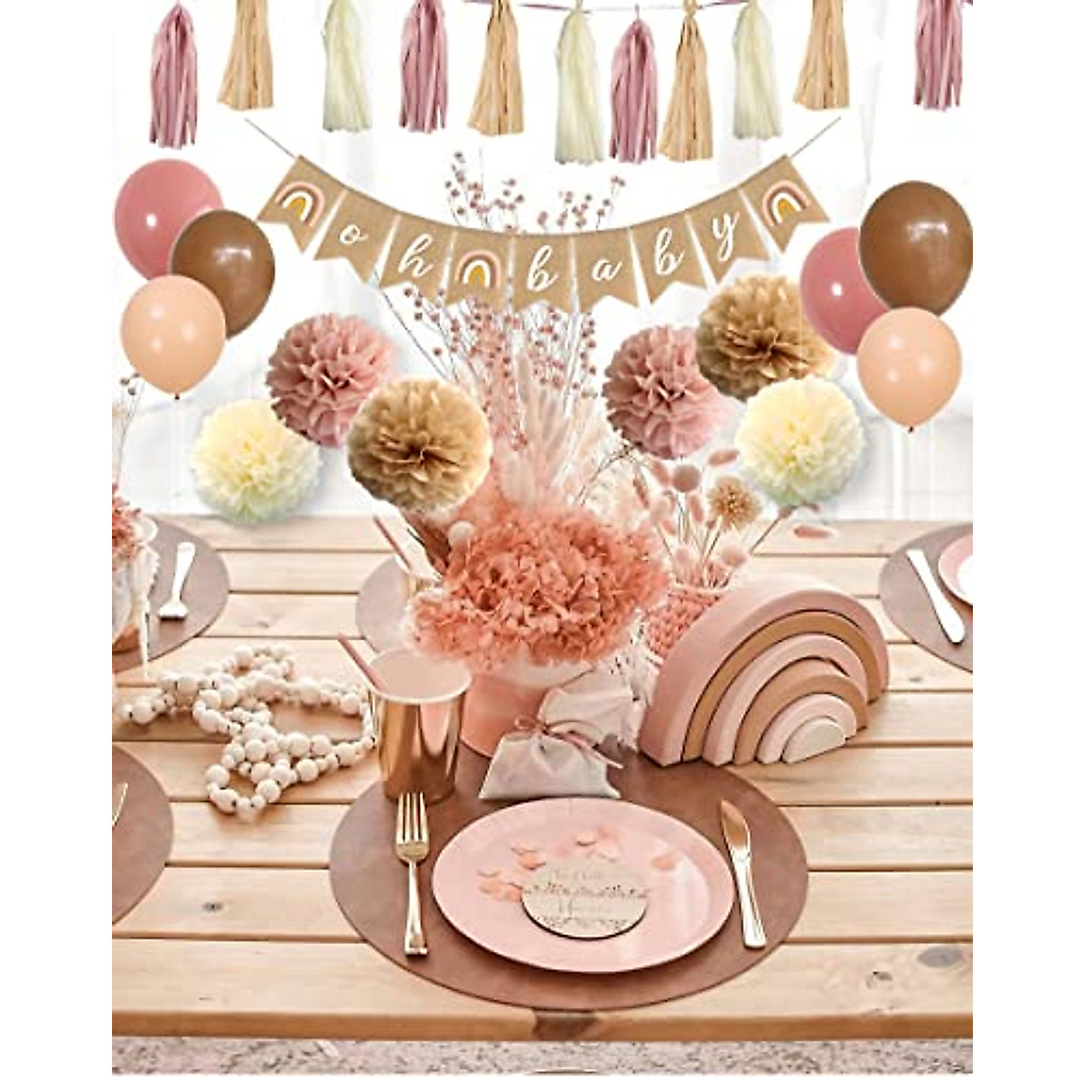 40 Pack Boho Rainbow Baby Shower Gender Neutral Party Oh Baby Burlap Banner Tissue Tassel Garland Pom Poms Dusty Rose Pink Mauve Nude Brown Balloons Backdrop Nursery Classroom Wedding Decoration