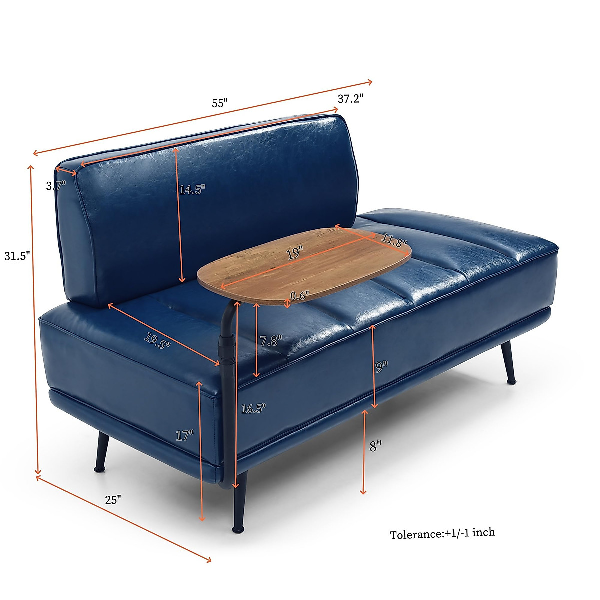 Modern Upholstered End of Bed Bench with 360-Degree Swivel Tray, 2 Seater Sofa Couch with Side Table, Settee Bench with Metal Legs Backrest for Living Room,Entryway,Foyer (PU-With Tray, Navy)