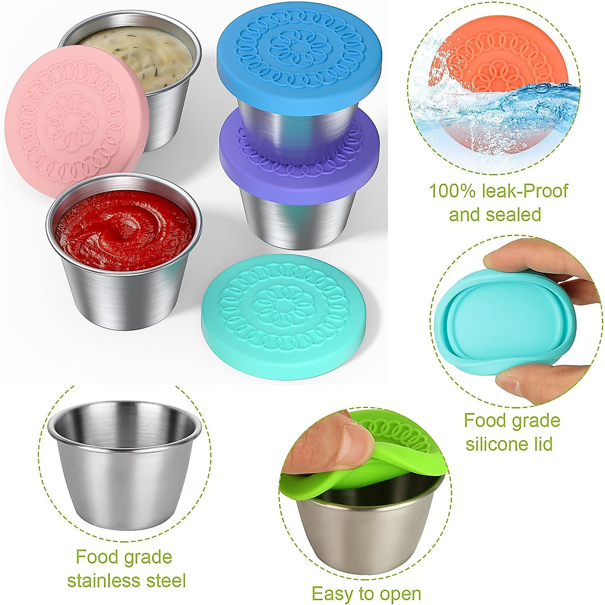 12PCS Metal Sauce Cups 2.5oz Ramekins, Stainless Steel Dipping Sauce Cups with Lids, Reusable Salad Dressing Container To Go, Sauce Containers Small Bowls for Lunch Bento Box, Party Picnic Travel