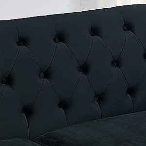 EMKK 77" Chesterfield Velvet Sofa, 3-Seater Upholstered Couches Tufted Backrests with Nailhead Arms and 2 Cushions for Living Room, Bedroom, Apartment, Office, G-Black
