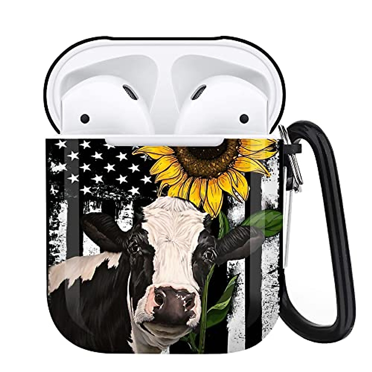 Flag Sunflower Cow Airpods Case Compatiable with Airpods 1 & 2 - Airpods Cover with Key Chain, Full Protective Durable Shockproof Personalize Wireless Headphone Case