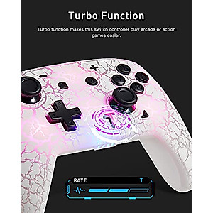 BlNBOK Switch Controller, Wireless Switch Pro Controller for Switch/Switch Lite/Switch OLED, 8 Colors Adjustable LED Wireless Remote Gamepad with Unique Crack/Turbo/Motion Control (White)