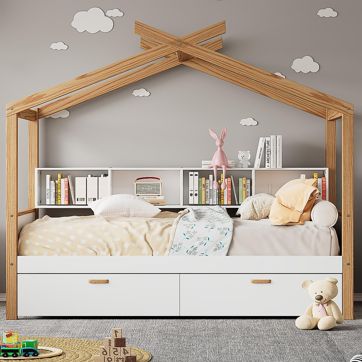 Merax Kids House Beds with Drawers & Shelves,Full Wood Storage Low Bed Frames for Boys,Girls, No Box Spring Need/Easy Assemble(Full,White)