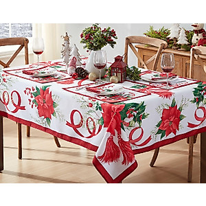 Home Bargains Plus Holiday Tassels Provence Christmas Fabric Tablecloth, French Country Holiday Poinsettia Garland Stain Resistant Easy Care Xmas Tablecloth, 60 Inch x 144 Inch Oblong/Rectangle