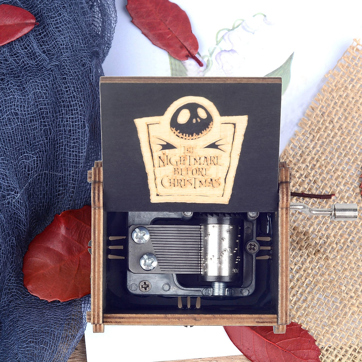 Kcikn Music Box Wooden Engraved The Nightmare Hand-cranked Musical Box, Playing Melody This is Halloween Music Box for Halloween Christmas Thanksgiving Black (Small Size)