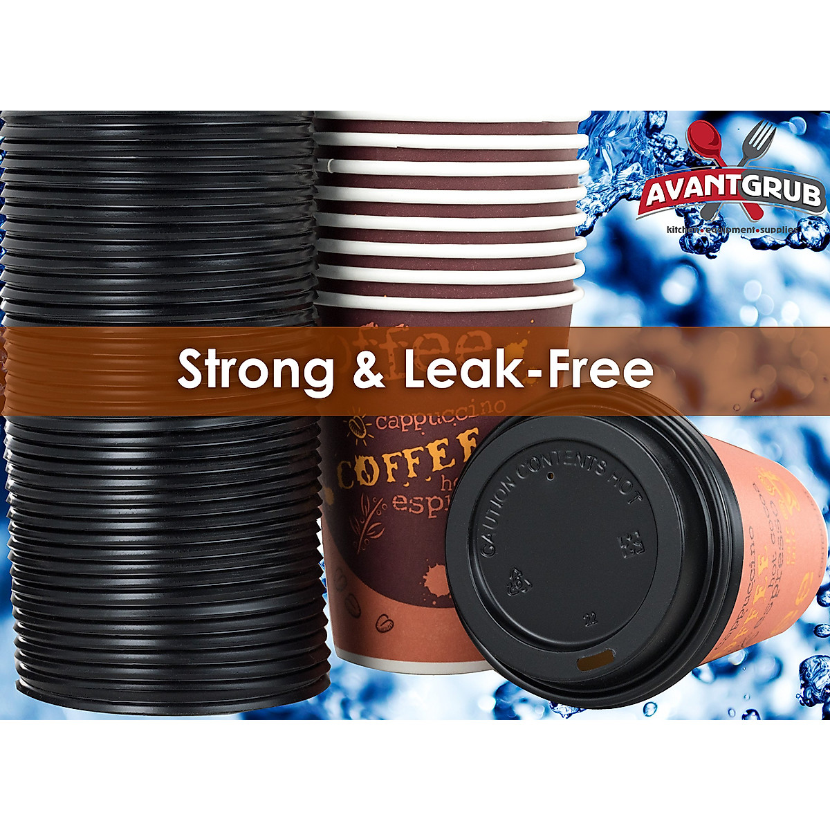 Avant Grub 100 Pack 12 Oz Restaurant Grade Paper Coffee Drinking Cup With Recyclable Dome Lids. Durable, BPA Free Disposable Designer Cups For Hot Drinks At Kiosks, Shops, Cafes