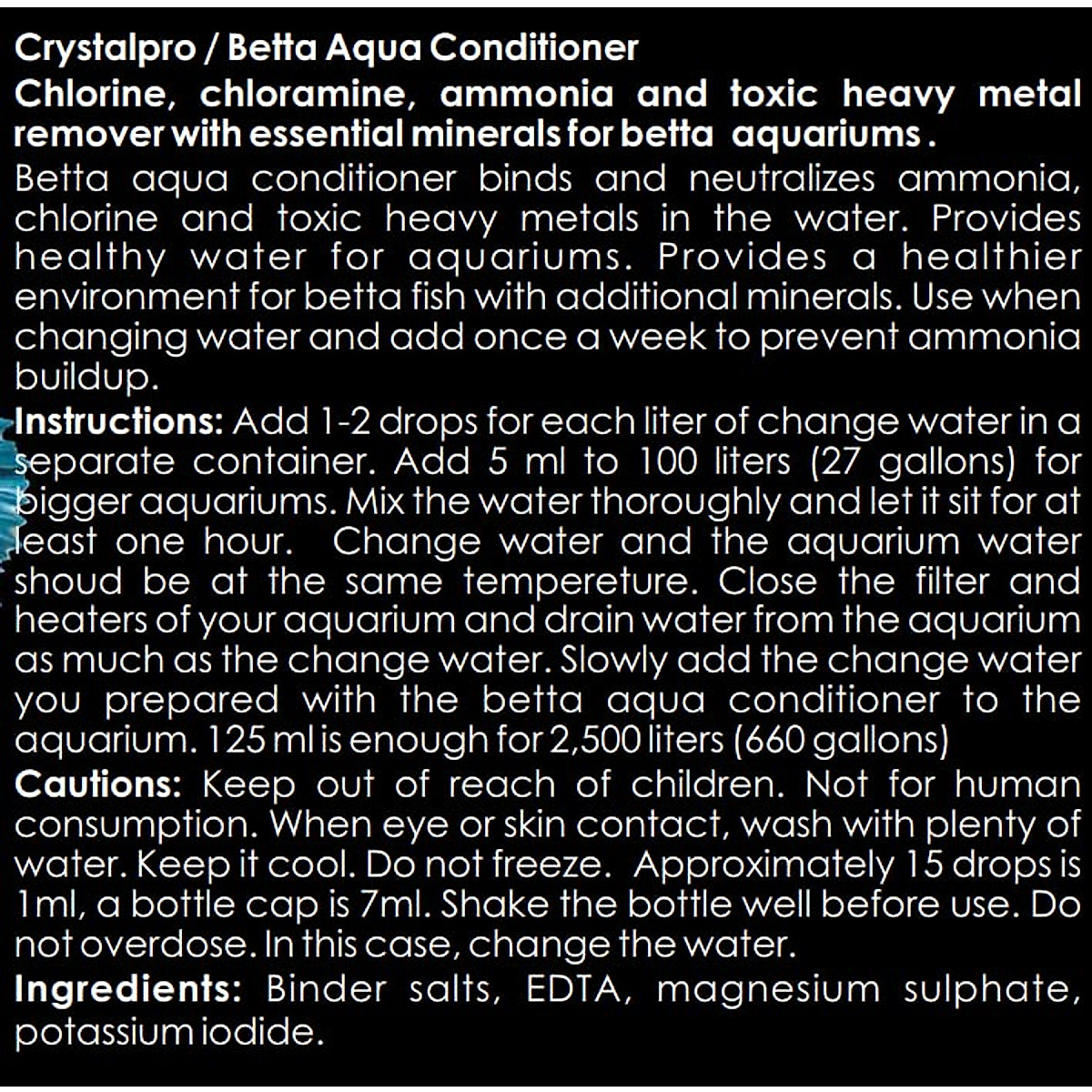 Crystalpro Betta Water Conditioner 4.22 Oz - Treats 660 Gallons - Additional Minerals Neutralizes Chlorine Concentrated Aquarium Water Conditioner for Betta Fish Tank Ideal for Betta Fish Care