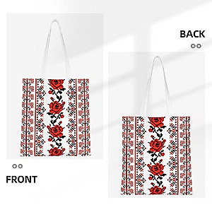 VACSAX Canvas Tote Bag for Women Reusable Shopping Bags Ukrainian Embroidery Style Rose Print Shoulder Handbag Aesthetic Totes for Grocery