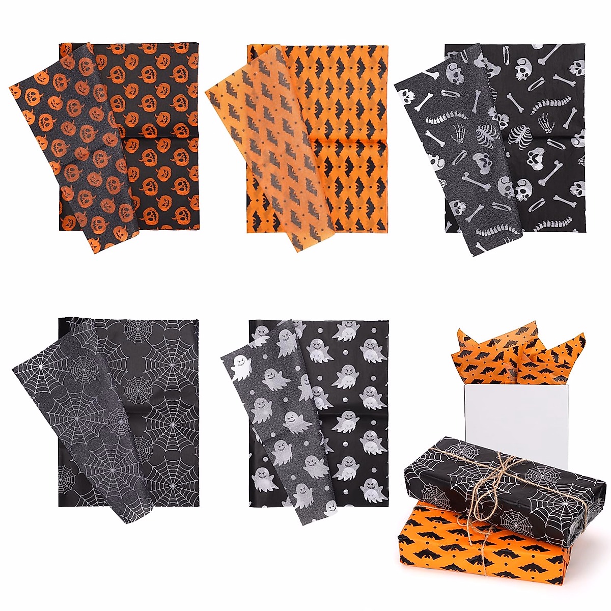 30 Sheets Halloween Packaging Tissue Papers, 5 Styles Tissue Paper Wrapping Tissue Paper Gift Wrapping Paper for Halloween Party Gift Decorations