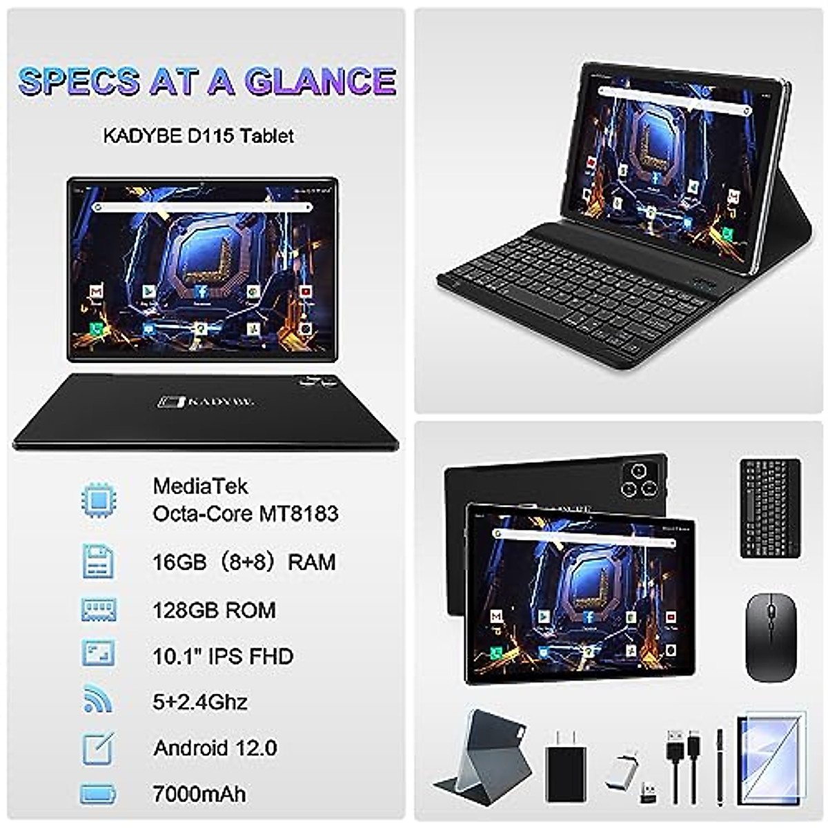 Tablet 10.1 Inch Android 12 Tablets 2023 Latest Android Tablet 128GB ROM+16GB RAM (8+8 Virtual), 2 in 1 Tablet with Keyboard, Powerful Octa-Core+13MP Camera, 1TB TF Expandable, FHD WiFi Tablet PC