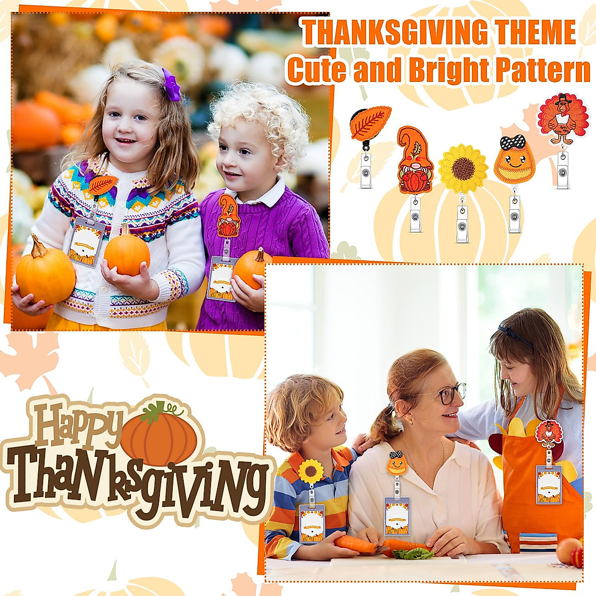 Zhanmai 48 Pcs Thanksgiving Badge Reels Felt Retractable Badge Reels with Clip Cute Squirrel Turkey Pumpkin Maple Leaves Holiday Themed Badge Holders Gift for Nurse Doctor Students School Office