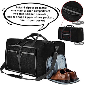 Travel Duffle Bag for Men, 65L Foldable Travel Duffel Bag with Shoes Compartment Overnight Bag for Men Women Waterproof & Tear Resistant (Black)