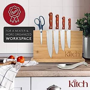 Kitch Magnetic Bamboo Knife Block 12", Double sided space saving freestanding storage holder for knives, handmade universal cutlery organizer stand with magnets