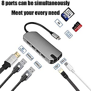 XUNMAIFHB Portable Docking Station,8-in-1 USB Type-c Converter 1 Drag 8 Computer Splitter USB3.0A, HDMI, RJ45 (Gigabit) TF/SD, PD Fast Transmission