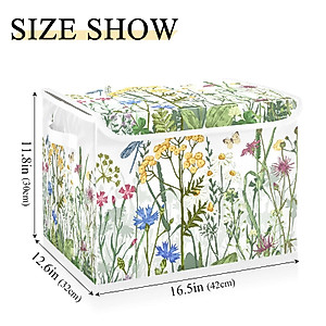 JUMBEAR Herbs Wild Flower Rectangular Storage Bin with Lid and Handle, Collapsible Toys Clothes Storage Basket Organizer for Closet, Office, Nursery, Home Decor