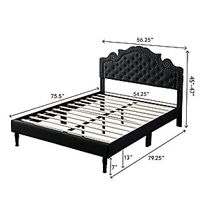 Full Upholstered Platform Bed Frame with 47" Tall Adjustable Headboard - Button Tufted Linen Bed - Wood Slat Support with Storage Space - No Box Spring Needed - Black - Oliver & Smith - Elizabeth