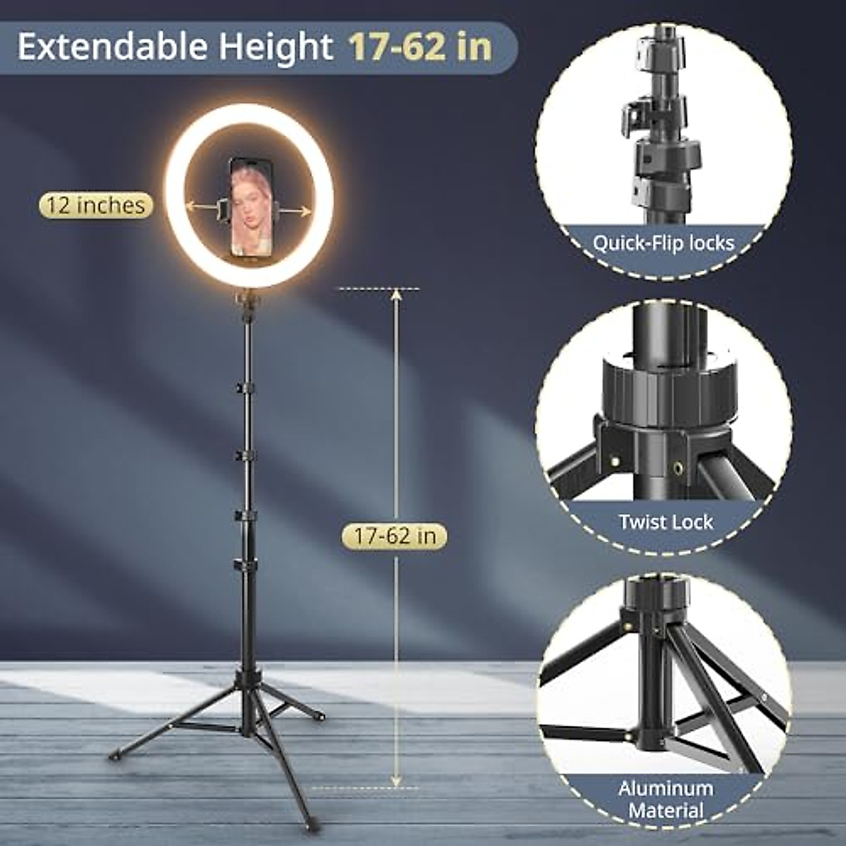 UBeesize 12” Selfie Ring Light with 62” Extendable Tripod Stand & Remote, LED Circle Light with Phone Holder for Video Recording/Makeup/Content Creator (YouTube/TikTok/Twitch), Phone, Camera & Webcam