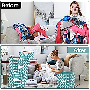 homyfort Cube Storage Organizer Bins 13x13 - Fabric Storage Cubes Bin Foldable Baskets Square Box with Labels and Dual Handles for Shelf, Nursery, Cabinet, Clothes, Toys, Set of 4 (Teal Blue)