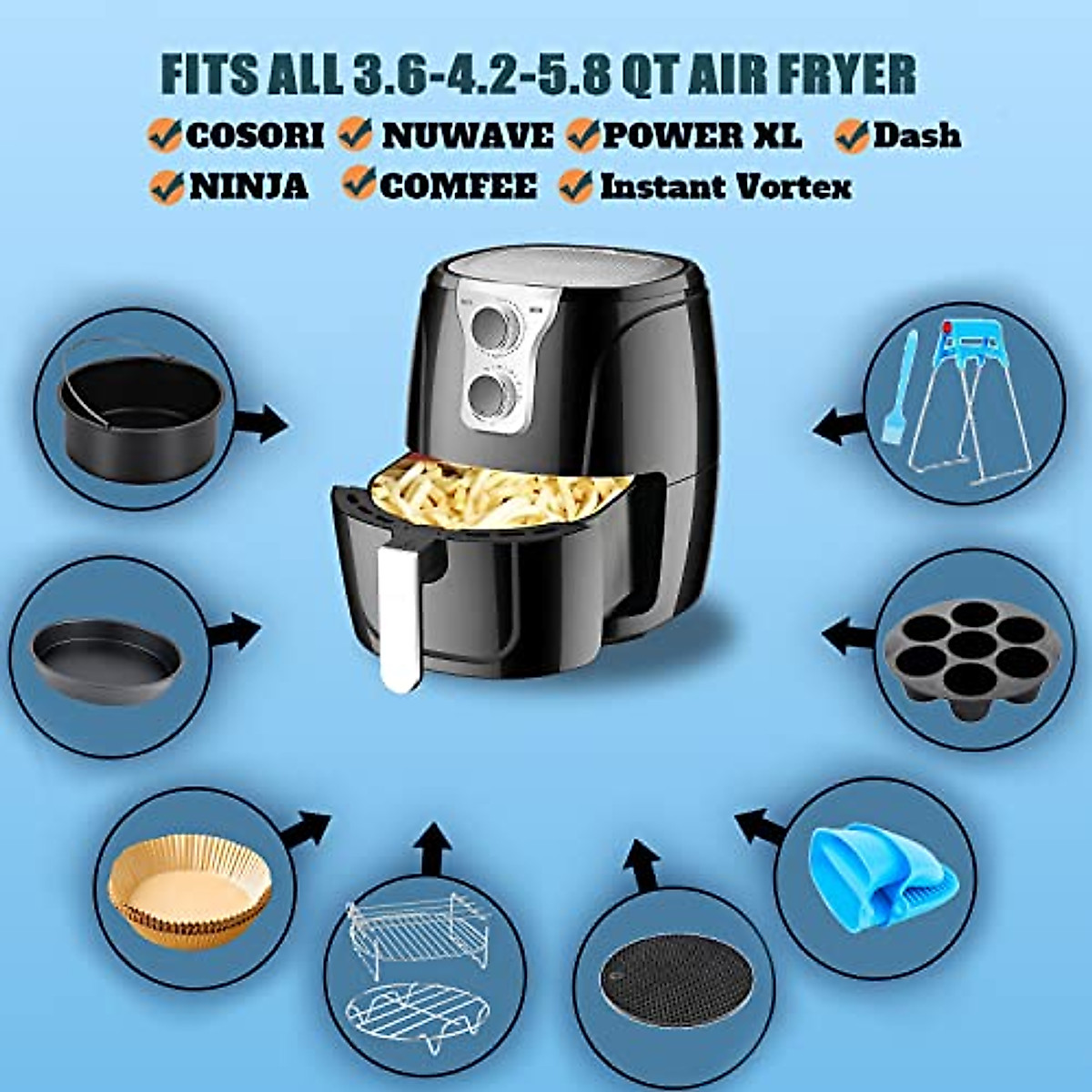 Air Fryer Accessories for COSORI Ninja Gourmia Dash Power XL 3.6 4.2 5.8QT Air Fryer, 12 PCS Air Fryer Accessory with Oven Cake Pan Pizza Pan Air Fryer Liner