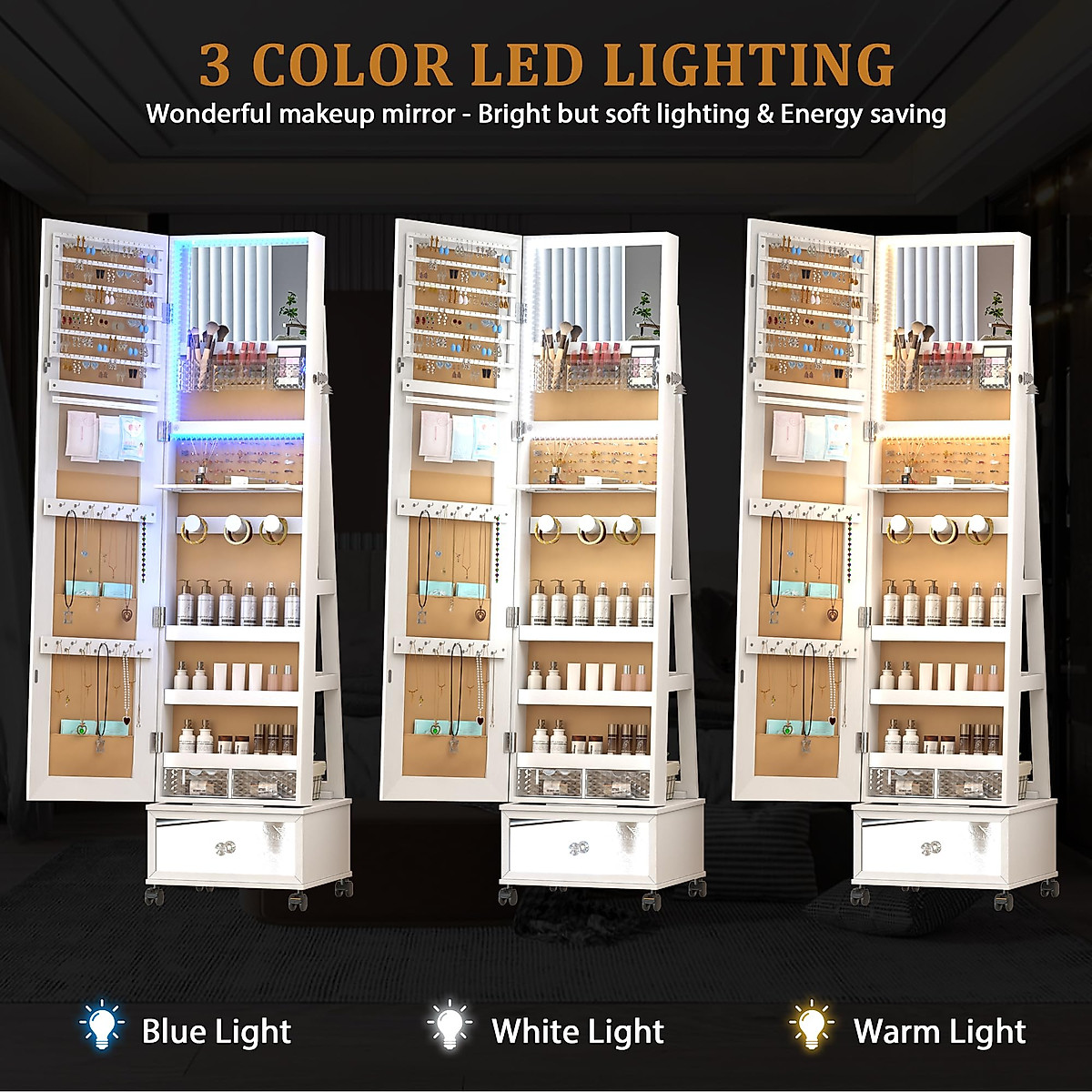 Vlsrka 360° Swivel Jewelry Mirror Cabinet with Lights, Standing Jewelry Armoire Organizer Rotatable Full Length Mirror with Jewelry Storage, Lockable with Rear Storage Shelves, Built-in Makeup Mirror