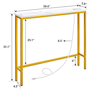 ELYKEN 5.9" Narrow Console Sofa Table with Power Outlets and USB Port, 5.9" Dx39.4 Wx31.1 H Marble Texture Skinny Couch Table with Bright Yellow Metal Frame