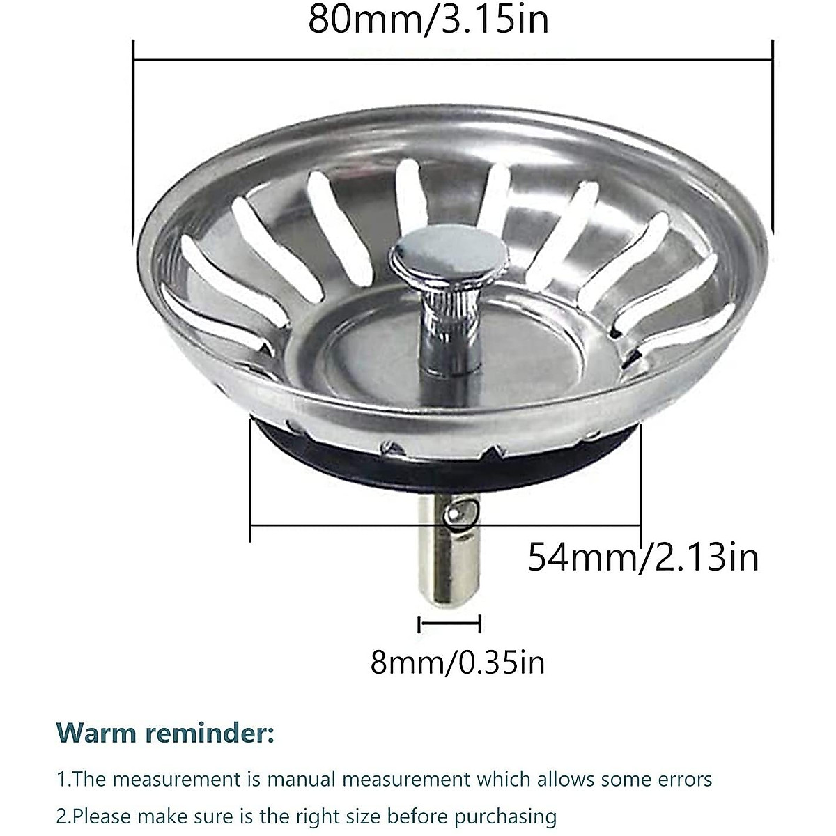 Kitchen Sink Strainer Kitchen Sink Plug, 2 Pack Universal Sink Plugs Bath Plug Strainer Plug, Thickened Stainless Steel Sink Plug Strainer For Kitchen Bathroom Home Office Hotel, Diameter 80Mm
