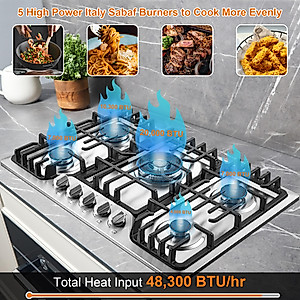 30 Inch Bulit-In Gas Cooktop with Griddle, 5 Italy SABAF Powerful Burners Over 92% High Efficiency, Max 48300BTU Gas Stove Top, 304 Stainless Steel Panel, NG/LPG Convertible, CSA Certified