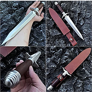 MADSABRE Fixed Blade Hunting Knife Saber with Leather Sheath, 15 Inches Outdoor Survival Tactical Knives, Double Edged Serrated Dagger Wood Handle