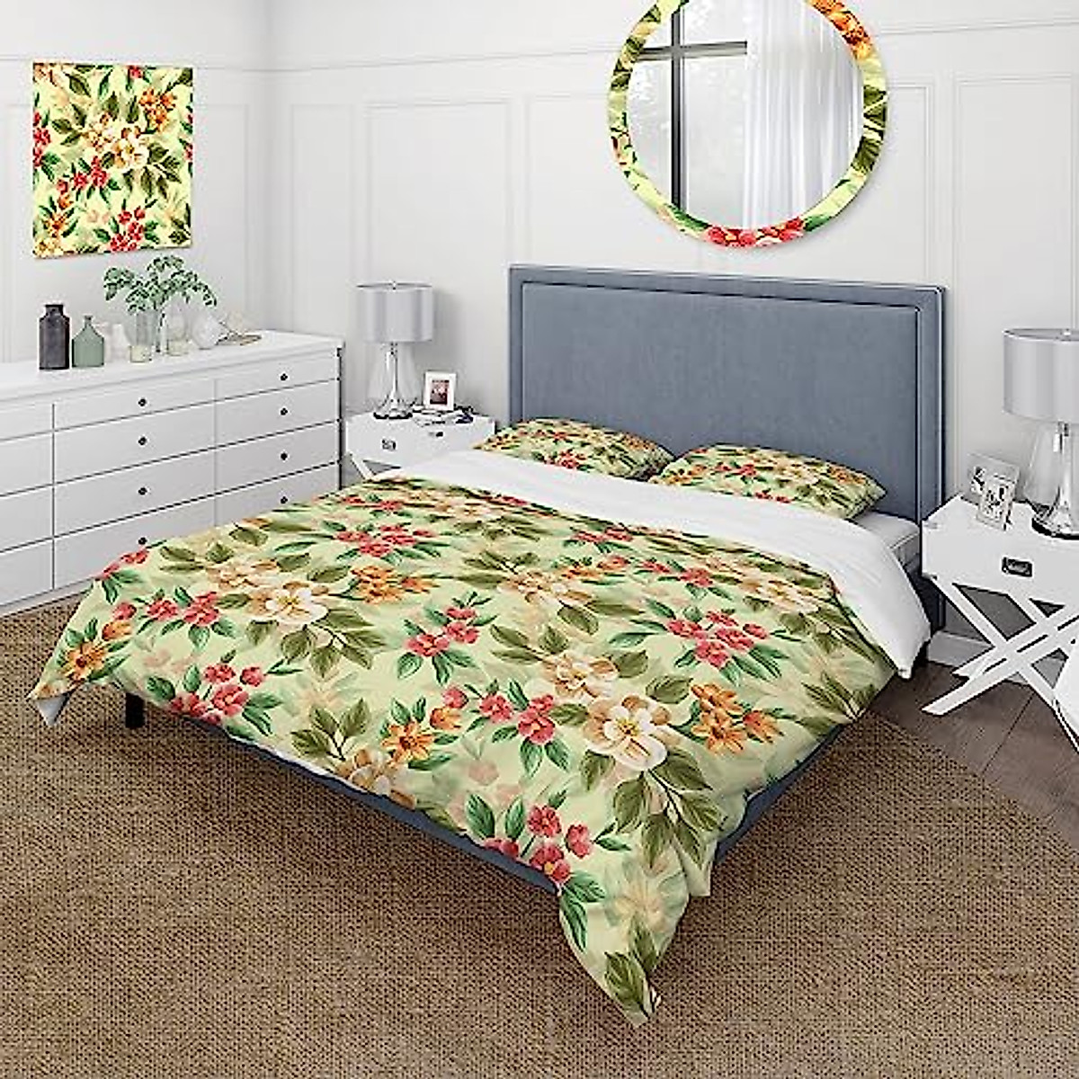 DESIGN ART Designart 'Pink White and Red Flowers and Leaves On Beige Background.' Traditional Duvet Cover Set Twin