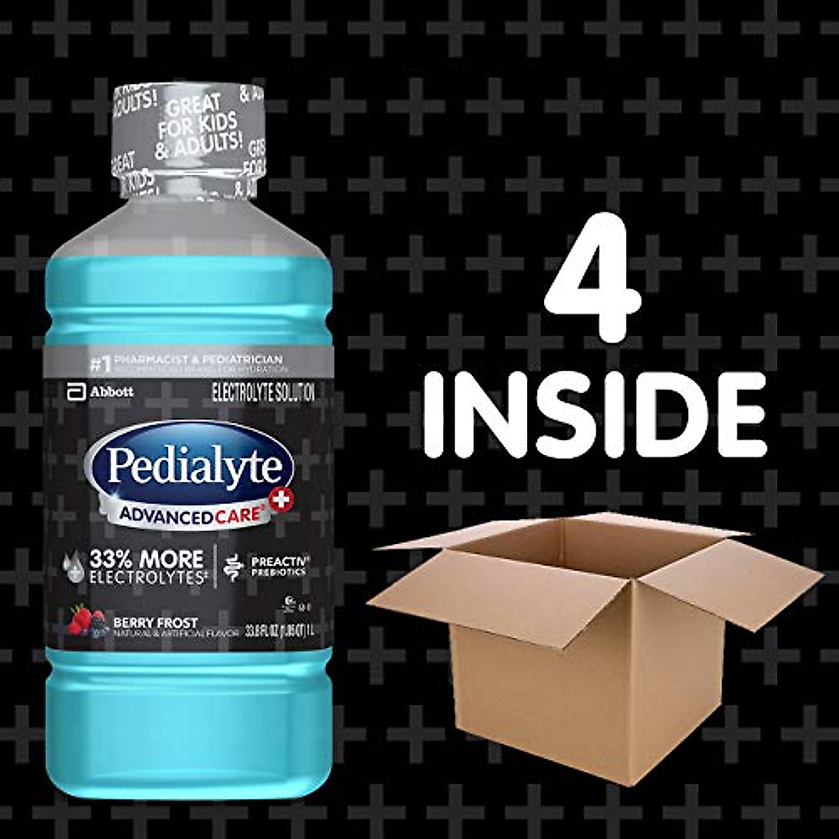 Pedialyte Advancedcare Plus Electrolyte Drink, 1 Liter, 4 Count, with 33% More electrolytes & Has Preactiv Prebiotics, Berry Frost, 33.8 Fl Oz (Pack of 4)