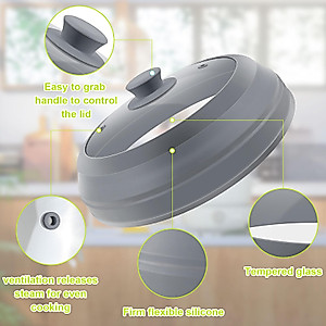 Microwave Splatter Cover for Food， Microwave Splatter Cover with Collapsible Silicone and Glass,10.5 inch Microwave Plate Cover with Anti-scald Silicone Handles,Microwave Cover Lid BPA Free