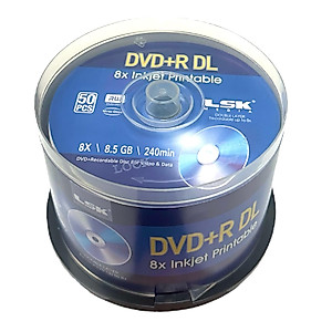 DVD+R DL Double Layer 8X 8.5GB 240min Video, White Inkjet Printable, by LSK Media, 50 Pack in Spindle | Blank DVDs for Burning Video | DVD Discs Blank | Recordable DVDs