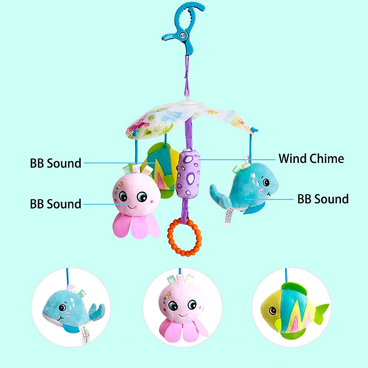 D-KINGCHY Baby Car Seat Toys, Clip on Stroller Toy, Soft Crib Toy, Hanging Plush Rattle Toys for Newborn Infant 0-3 Years Old (Ocean Series)