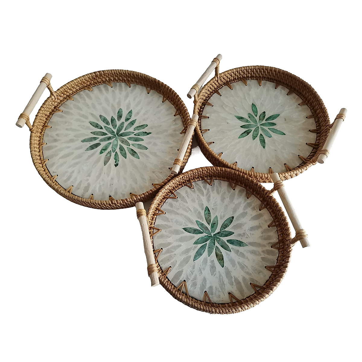 MEJEJO Set 3 Pack Round Rattan Wicker Tray with Mother of Pearl Inlay Wooden Handle for Fruit Serving, Coffee Table Tray, Vanity Tray Organizer for Kitchen, Storage and Display (Leaf)