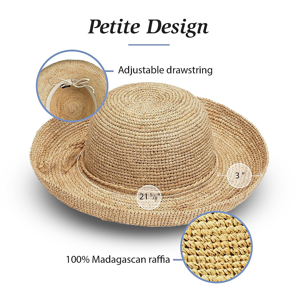 Wallaroo Hat Company – Women’s Petite Catalina Sun Hat – Wide Brim Natural Fiber and Adjustable Sizing for Smaller Crown Sizes – Chic Hat for Garden Parties, Beach Days and Outdoor Events (Natural)