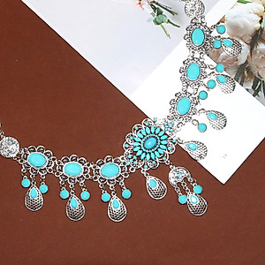 Vintage Flower Turquoise Chain Belts Silver Pear coin Pendant Metal Waist Belt Western Body Jewelry for for Women Dress Vest Jeans for Waistline 25-45inch (Silver Plated)