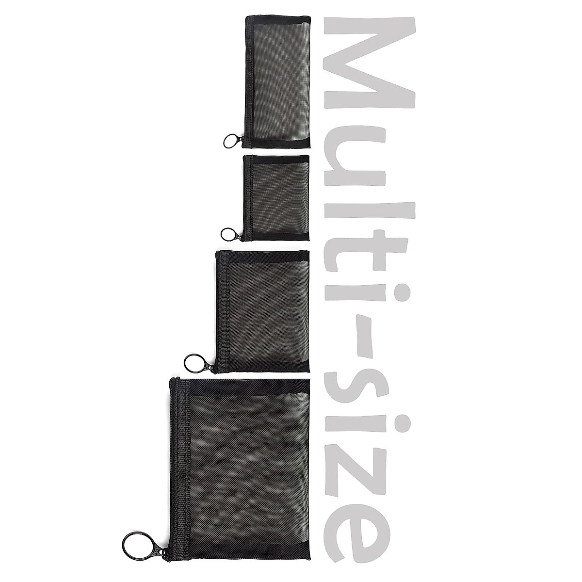 Patu Zipper Mesh Bags, Pack of 4 (S/M/L & Pencil Pouch), Beauty Makeup Cosmetic Accessories Organizer, Travel Toiletry Kit Set Storage Case, Black