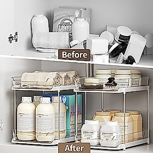 Delamu 2-Tier Multi-Purpose Bathroom Cabinet Organizer, Pull Out Under Sink Organizers and Storage, Stackable Pantry Organization and Storage, Clear Under Cabinet Storage with Movable Dividers