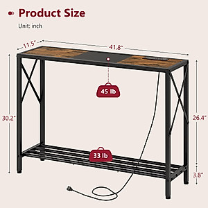 Tajsoon Console Table with Charging Station, 41.8" Entryway Table with Shelves, 2-Tier Narrow Sofa Table, Long Behind Couch Table, for Entryway, Foyer, Living Room, Hallway, Brown & Black